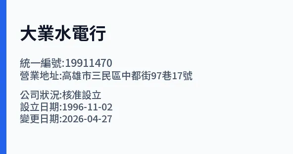 大業水電行的照片-統編 19911470(高雄市) 公司登記資料與營業項目詳細圖表