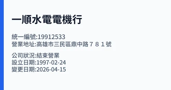 一順水電電機行的照片-統編 19912533(高雄市) 公司登記資料與營業項目詳細圖表