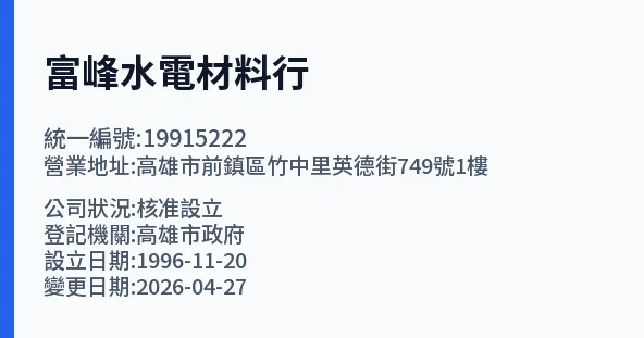 富峰水電材料行的照片-統編 19915222(高雄市) 公司登記資料與營業項目詳細圖表