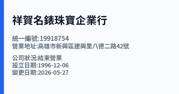 祥賀名錶珠寶企業行的照片-統編 19918754(高雄市) 公司登記資料與營業項目詳細圖表