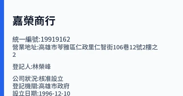 嘉榮商行的照片-統編 19919162(高雄市) 公司登記資料與營業項目詳細圖表