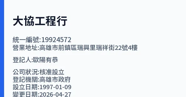 大協工程行的照片-統編 19924572(高雄市) 公司登記資料與營業項目詳細圖表