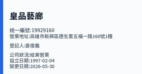 皇品藝廊的照片-統編 19929160(高雄市) 公司登記資料與營業項目詳細圖表