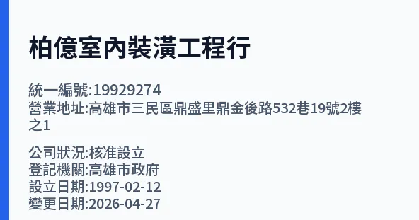 柏億室內裝潢工程行的照片-統編 19929274(高雄市) 公司登記資料與營業項目詳細圖表