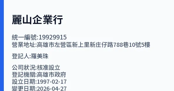 麗山企業行的照片-統編 19929915(高雄市) 公司登記資料與營業項目詳細圖表
