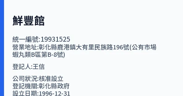鮮豐館的照片-統編 19931525(彰化縣) 公司登記資料與營業項目詳細圖表