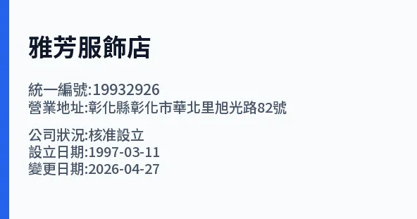 雅芳服飾店的照片-統編 19932926(彰化縣) 公司登記資料與營業項目詳細圖表