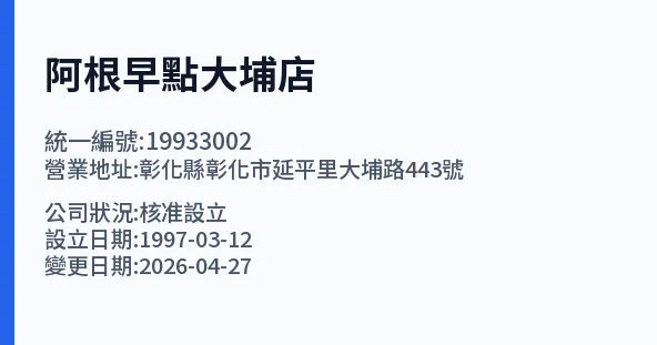 阿根早點大埔店的照片-統編 19933002(彰化縣) 公司登記資料與營業項目詳細圖表