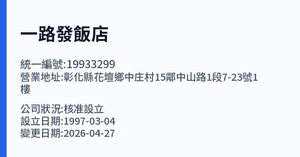 一路發飯店的照片-統編 19933299(彰化縣) 公司登記資料與營業項目詳細圖表