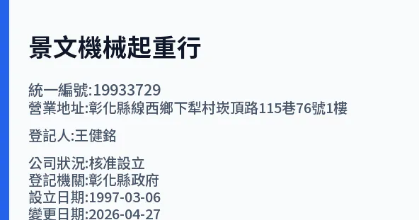 景文機械起重行的照片-統編 19933729(彰化縣) 公司登記資料與營業項目詳細圖表