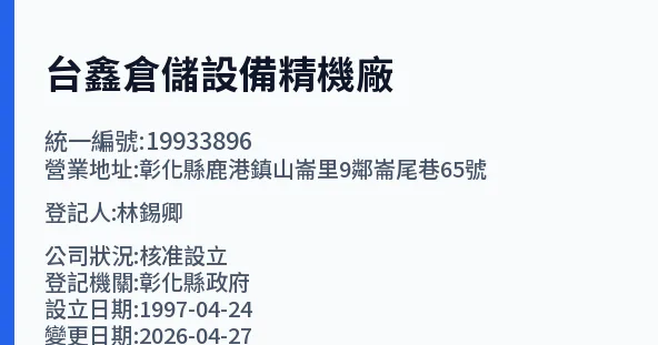 台鑫倉儲設備精機廠的照片-統編 19933896(彰化縣) 公司登記資料與營業項目詳細圖表