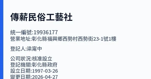 傳薪民俗工藝社的照片-統編 19936177(彰化縣) 公司登記資料與營業項目詳細圖表