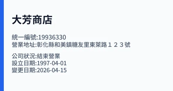 大芳商店的照片-統編 19936330(彰化縣) 公司登記資料與營業項目詳細圖表