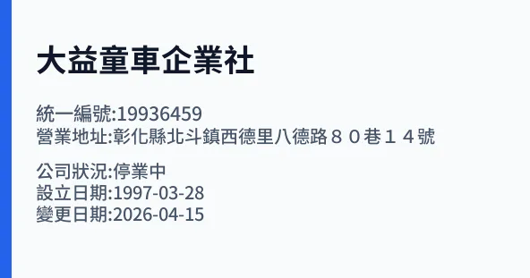 大益童車企業社的照片-統編 19936459(彰化縣) 公司登記資料與營業項目詳細圖表