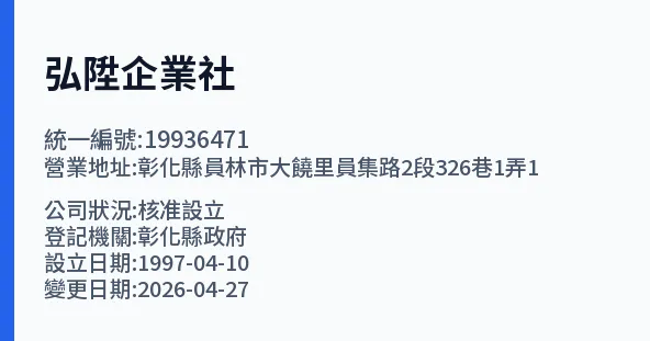 弘陞企業社的照片-統編 19936471(彰化縣) 公司登記資料與營業項目詳細圖表