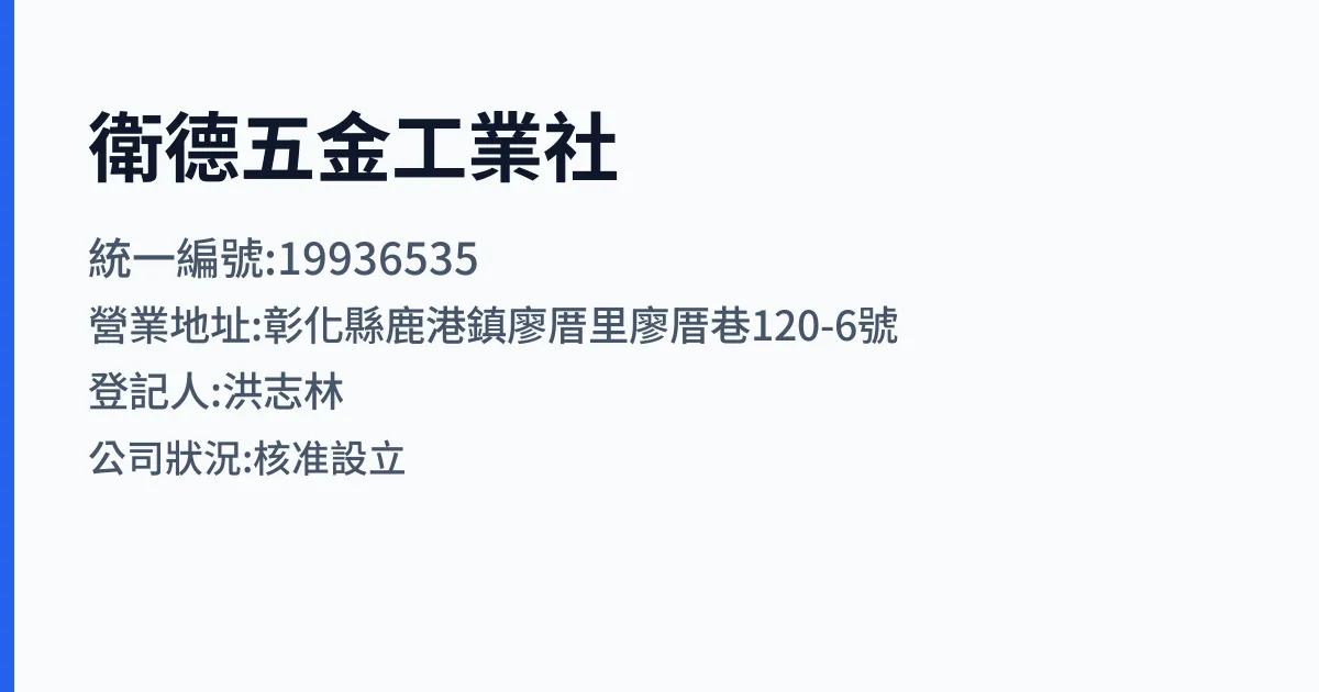 衛德五金工業社 - 統編 19936535(彰化縣) 公司登記資料與營業項目詳細圖表