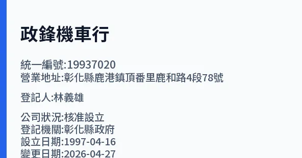 政鋒機車行的照片-統編 19937020(彰化縣) 公司登記資料與營業項目詳細圖表