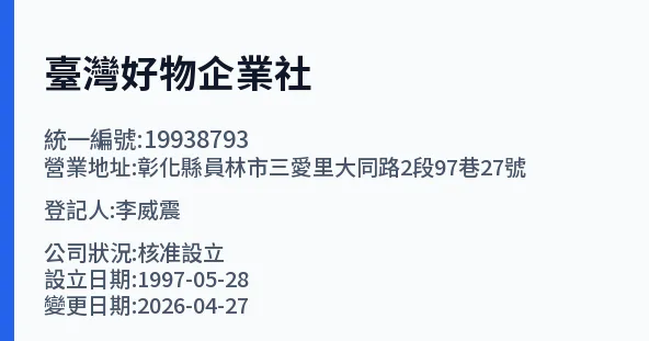 臺灣好物企業社的照片-統編 19938793(彰化縣) 公司登記資料與營業項目詳細圖表