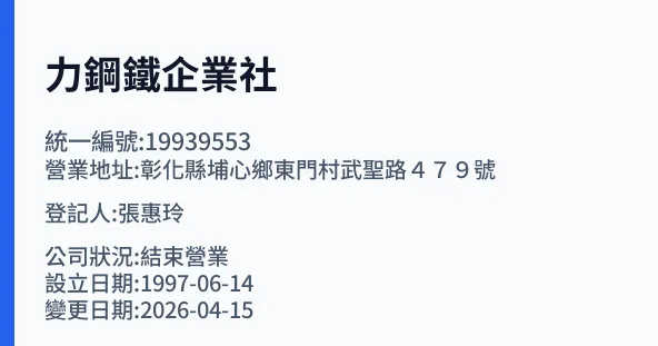 力鋼鐵企業社的照片-統編 19939553(彰化縣) 公司登記資料與營業項目詳細圖表