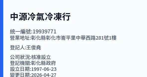 中源冷氣冷凍行的照片-統編 19939771(彰化縣) 公司登記資料與營業項目詳細圖表
