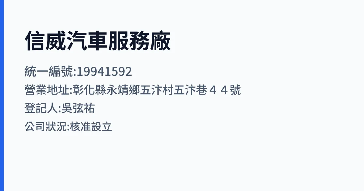 信威汽車服務廠 - 統編 19941592(彰化縣) 公司登記資料與營業項目詳細圖表