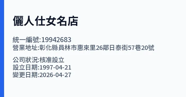 儷人仕女名店的照片-統編 19942683(彰化縣) 公司登記資料與營業項目詳細圖表
