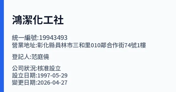 鴻潔化工社的照片-統編 19943493(彰化縣) 公司登記資料與營業項目詳細圖表