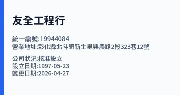 友全工程行的照片-統編 19944084(彰化縣) 公司登記資料與營業項目詳細圖表