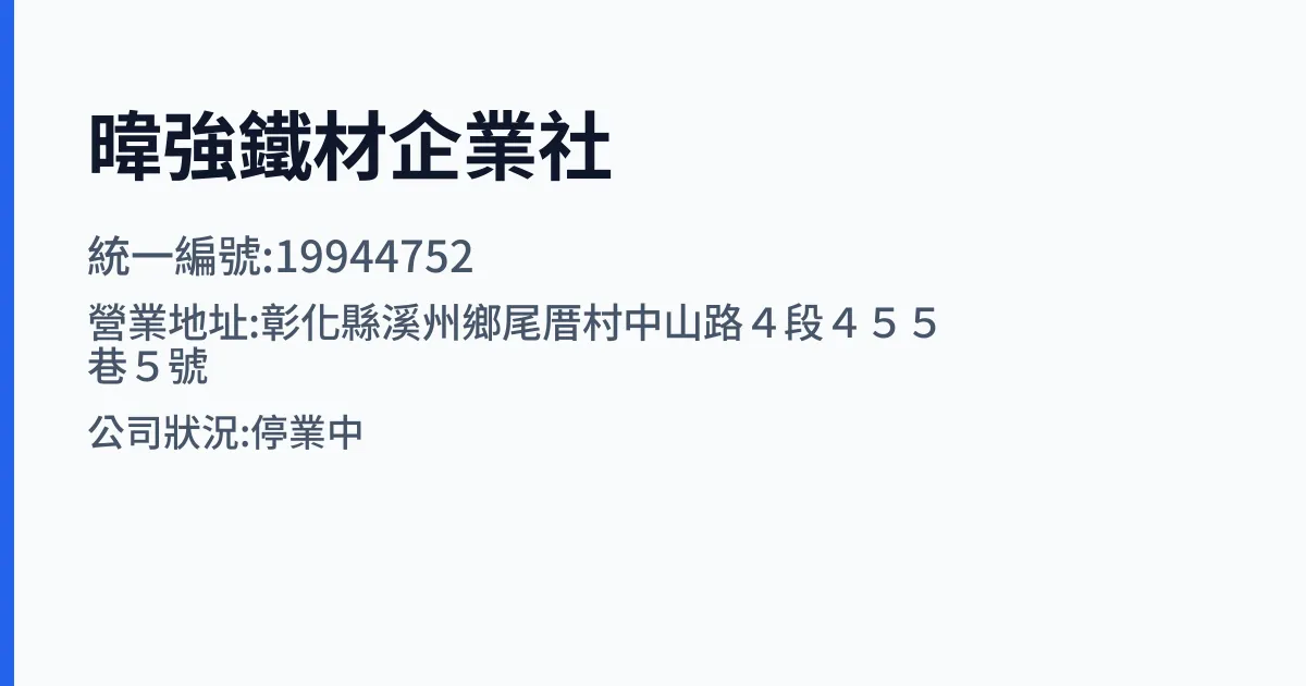 暐強鐵材企業社 - 統編 19944752(彰化縣) 公司登記資料與營業項目詳細圖表