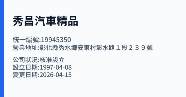 秀昌汽車精品的照片-統編 19945350(彰化縣) 公司登記資料與營業項目詳細圖表