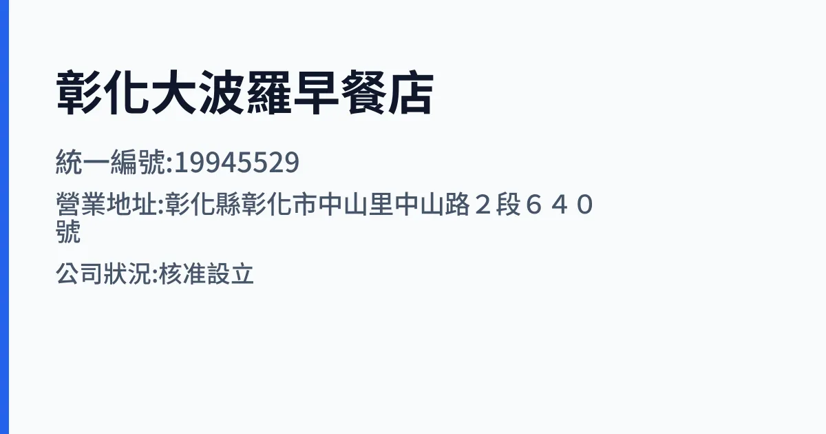 彰化大波羅早餐店 - 統編 19945529(彰化縣) 公司登記資料與營業項目詳細圖表