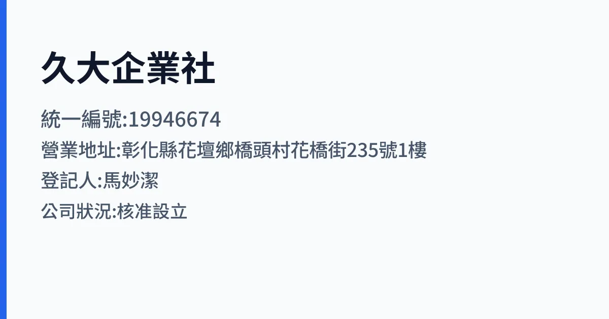 久大企業社 - 統編 19946674(彰化縣) 公司登記資料與營業項目詳細圖表