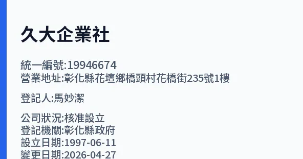 久大企業社的照片-統編 19946674(彰化縣) 公司登記資料與營業項目詳細圖表