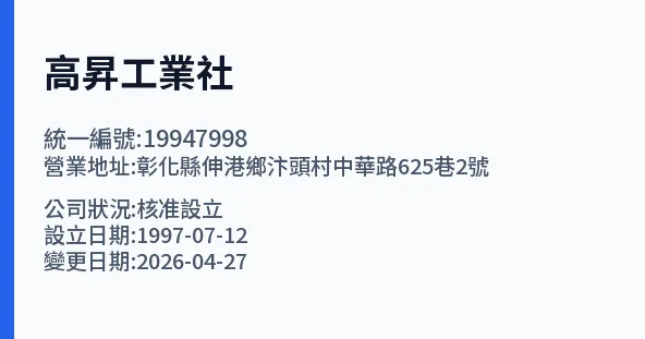 高昇工業社的照片-統編 19947998(彰化縣) 公司登記資料與營業項目詳細圖表
