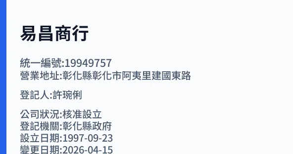 易昌商行的照片-統編 19949757(彰化縣) 公司登記資料與營業項目詳細圖表