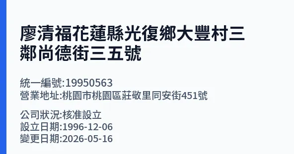 廖清福花蓮縣光復鄉大豐村三鄰尚德街三五號的照片-統編 19950563(桃園市) 公司登記資料與營業項目詳細圖表