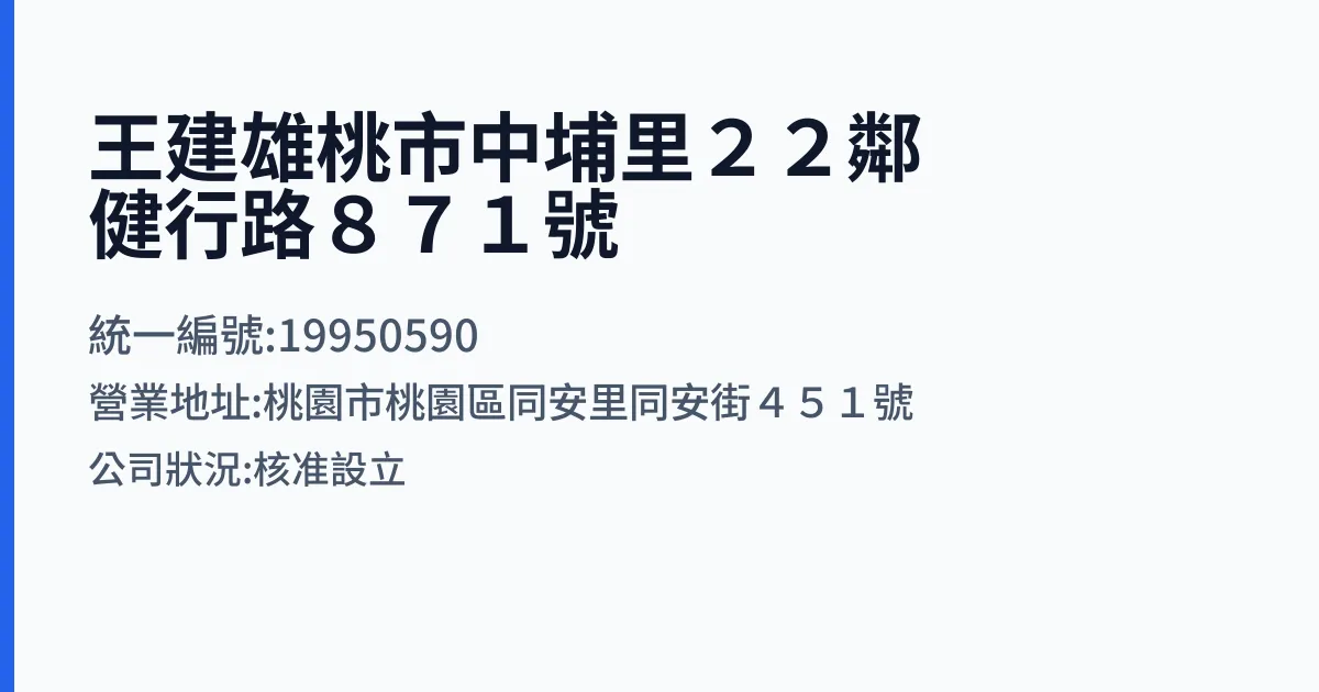 王建雄桃市中埔里２２鄰健行路８７１號 - 統編 19950590(桃園市) 公司登記資料與營業項目詳細圖表