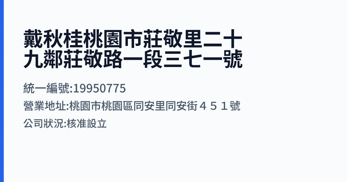 戴秋桂桃園市莊敬里二十九鄰莊敬路一段三七一號 - 統編 19950775(桃園市) 公司登記資料與營業項目詳細圖表