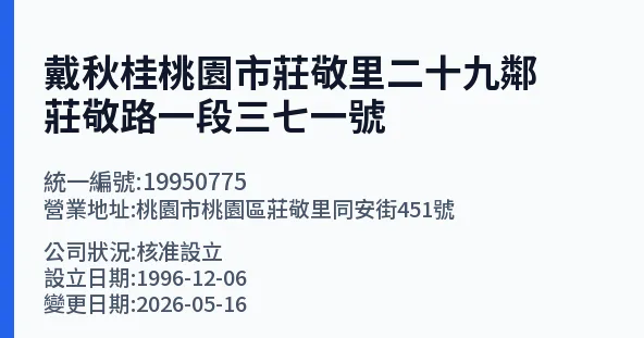 戴秋桂桃園市莊敬里二十九鄰莊敬路一段三七一號的照片-統編 19950775(桃園市) 公司登記資料與營業項目詳細圖表