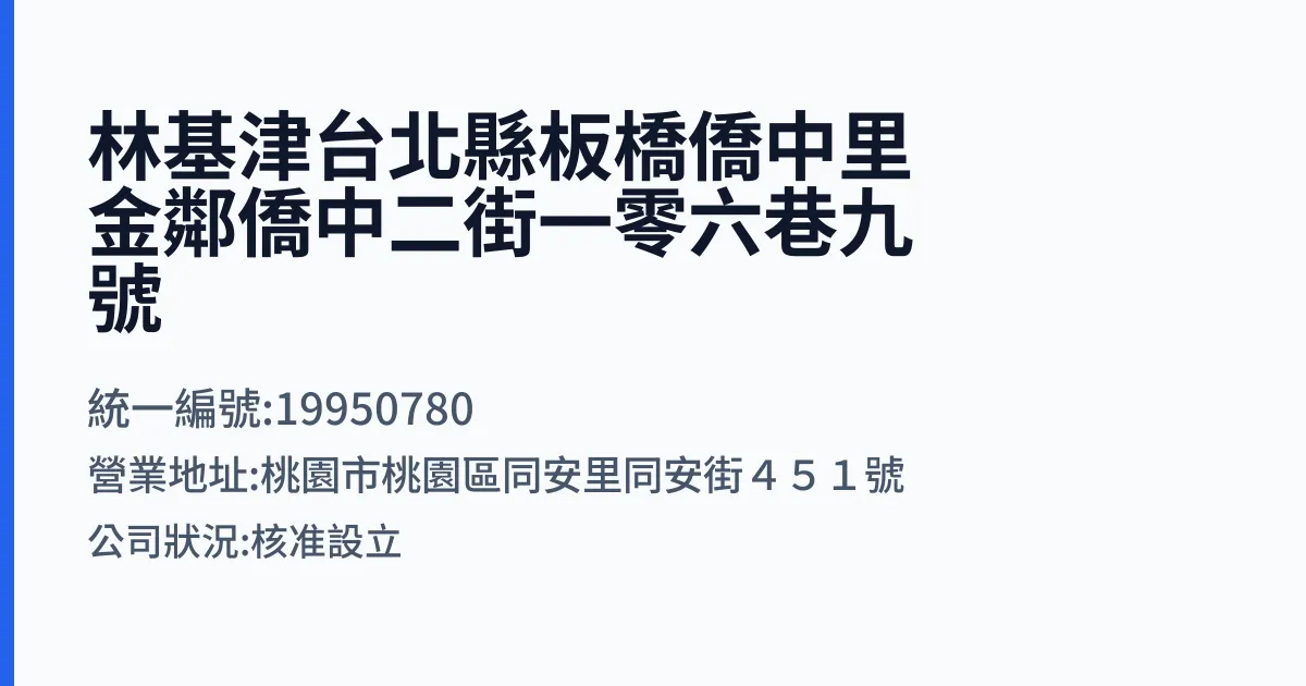 林基津台北縣板橋僑中里金鄰僑中二街一零六巷九號 - 統編 19950780(桃園市) 公司登記資料與營業項目詳細圖表
