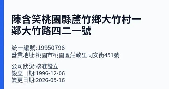 陳含笑桃園縣蘆竹鄉大竹村一鄰大竹路四二一號的照片-統編 19950796(桃園市) 公司登記資料與營業項目詳細圖表