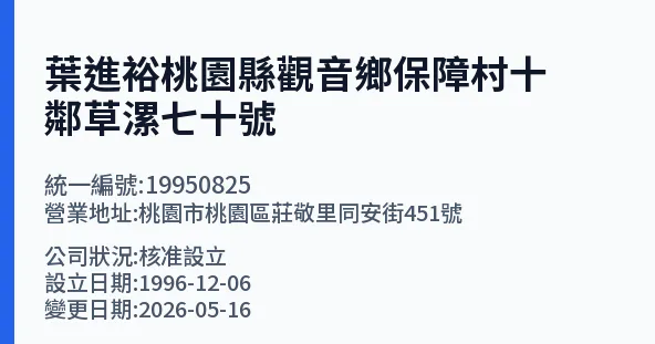 葉進裕桃園縣觀音鄉保障村十鄰草漯七十號的照片-統編 19950825(桃園市) 公司登記資料與營業項目詳細圖表