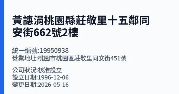 黃譓涓桃園縣莊敬里十五鄰同安街662號2樓的照片-統編 19950938(桃園市) 公司登記資料與營業項目詳細圖表