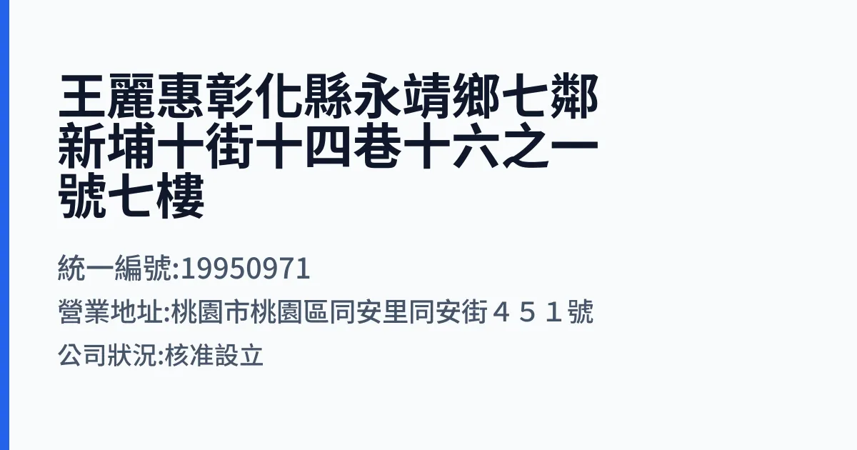 王麗惠彰化縣永靖鄉七鄰新埔十街十四巷十六之一號七樓 - 統編 19950971(桃園市) 公司登記資料與營業項目詳細圖表