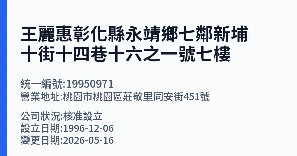 王麗惠彰化縣永靖鄉七鄰新埔十街十四巷十六之一號七樓的照片-統編 19950971(桃園市) 公司登記資料與營業項目詳細圖表