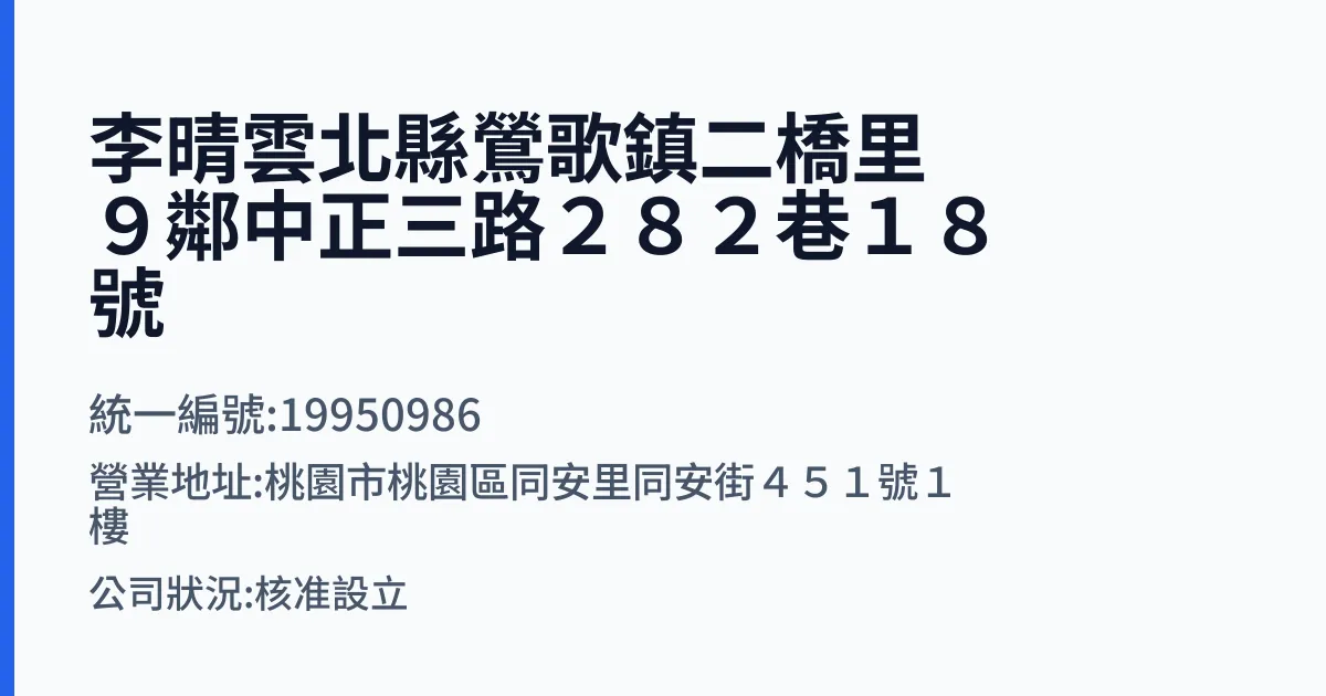 李晴雲北縣鶯歌鎮二橋里９鄰中正三路２８２巷１８號 - 統編 19950986(桃園市) 公司登記資料與營業項目詳細圖表
