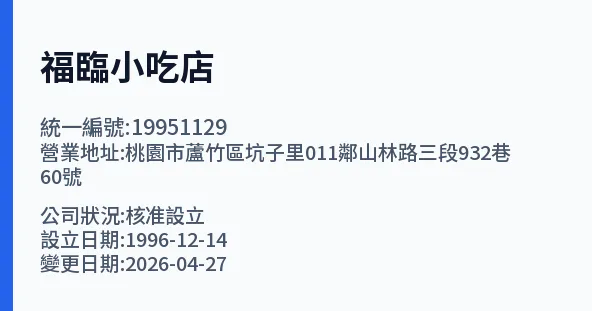 福臨小吃店的照片-統編 19951129(桃園市) 公司登記資料與營業項目詳細圖表