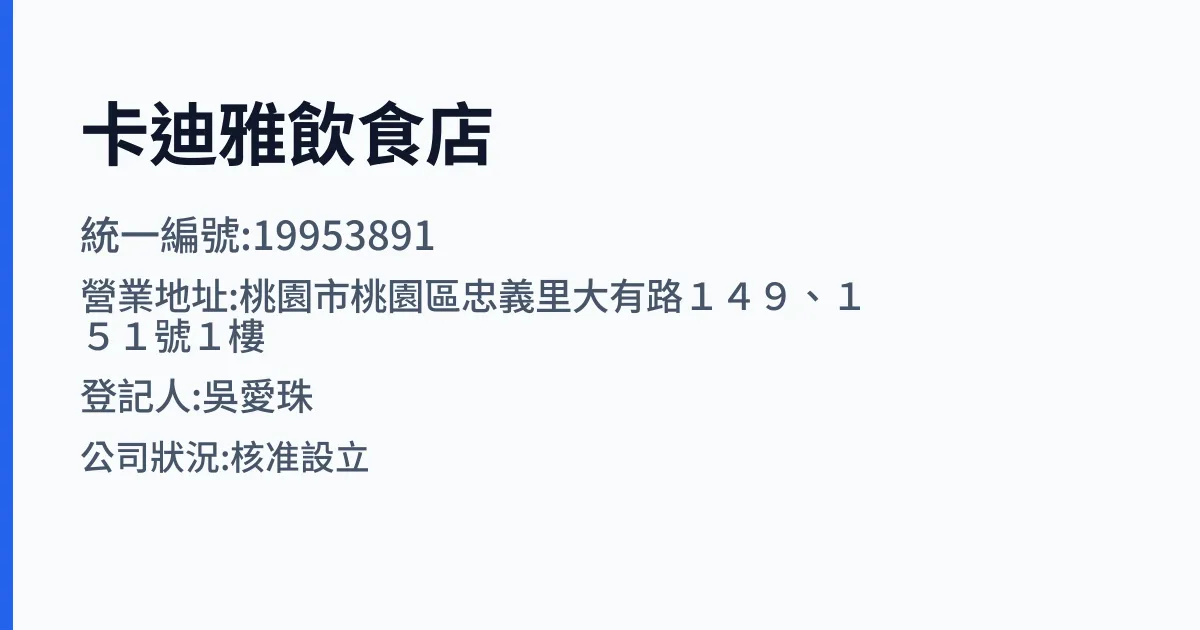 卡迪雅飲食店 - 統編 19953891(桃園市) 公司登記資料與營業項目詳細圖表