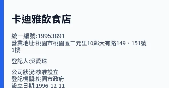 卡迪雅飲食店的照片-統編 19953891(桃園市) 公司登記資料與營業項目詳細圖表