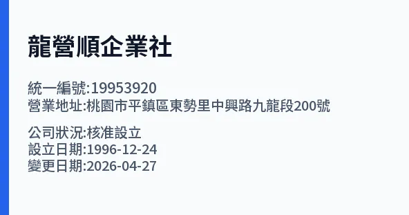 龍營順企業社的照片-統編 19953920(桃園市) 公司登記資料與營業項目詳細圖表